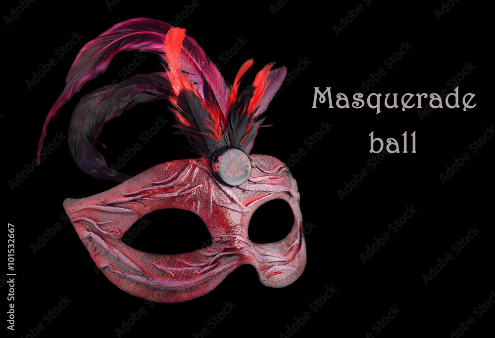 Venetian red Carnival half mask with feathers, at black background ...