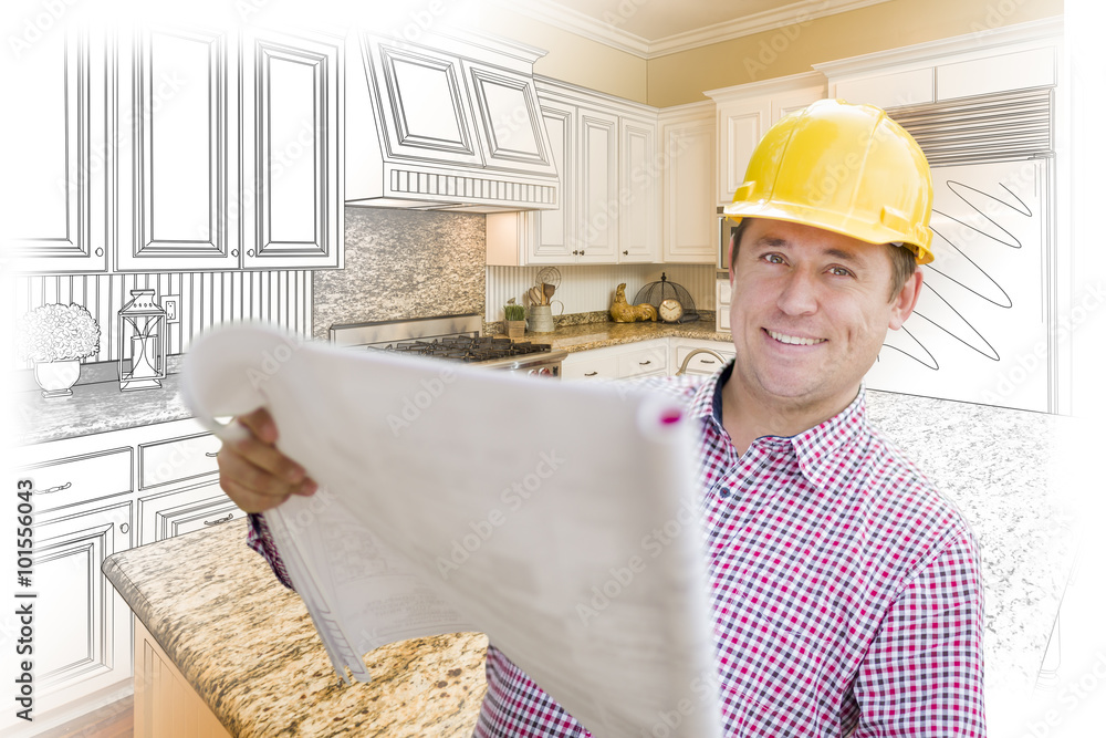 Contractor Holding Blueprints Over Custom Kitchen Drawing and Ph Stock ...