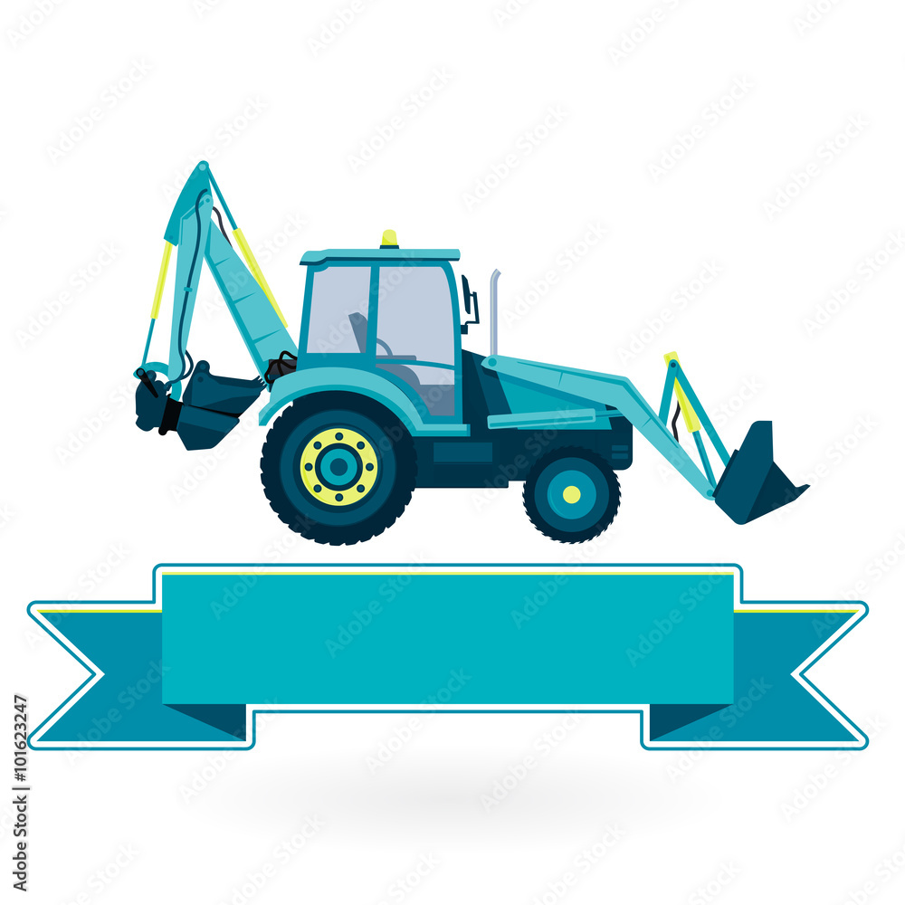 Blue big digger builds roads. Digging of sand, coal, waste rock and ...