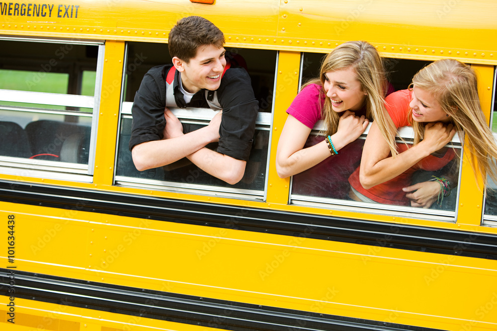 School Bus: Teens Leaning Out Bus Window Stock Photo | Adobe Stock
