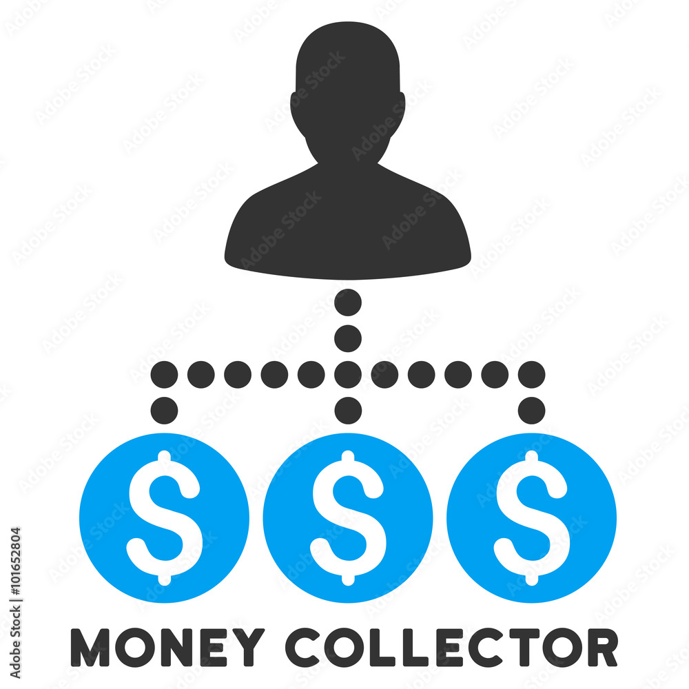Money Collector vector icon with caption. Symbol style is a bicolor ...