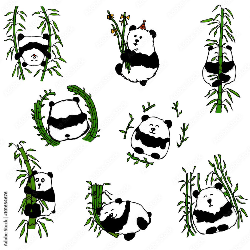 Partly hand drawn set of different cute cartoon pandas with bamboo ...