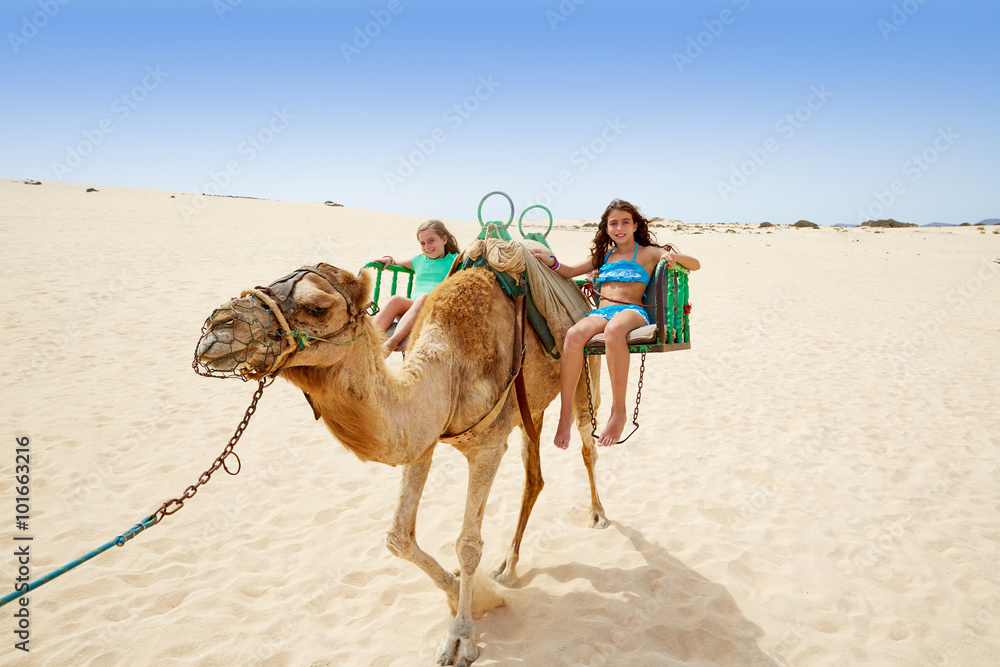 Girls riding Camel in Canary Islands Stock Photo | Adobe Stock