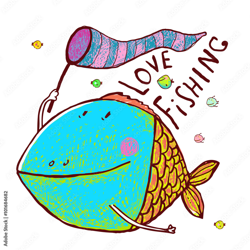 Lovely Cartoon Funny Fish Greeting Card Design Hand Drawn Stock Vector ...