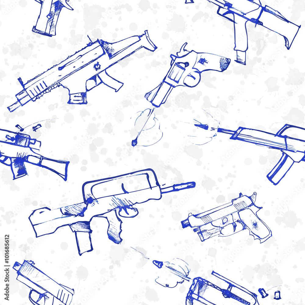 Seamless pattern of hand drawn weapons. Shooting pistols and guns war ...