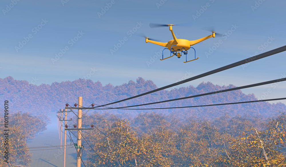 UAV drone surveying power lines in a forested area. Fictitious UAV ...