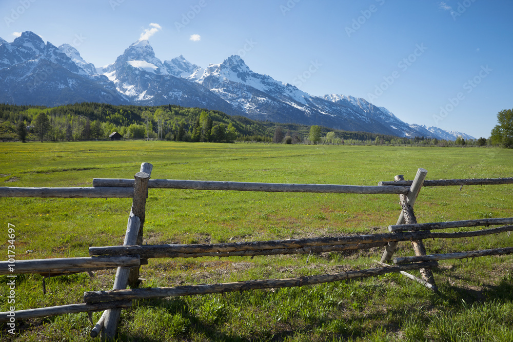 Horse ranch field and fence below Grand Teton mountains of Wyomi Stock ...