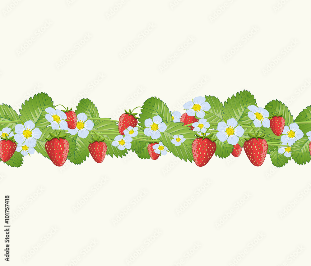Horizontal seamless pattern "Strawberries and flowers". Can be used on ...