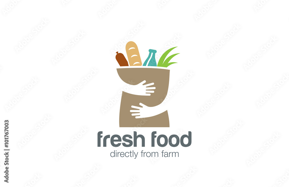Food Shopping Logo design. Hands Holding Bag negative space icon Stock ...