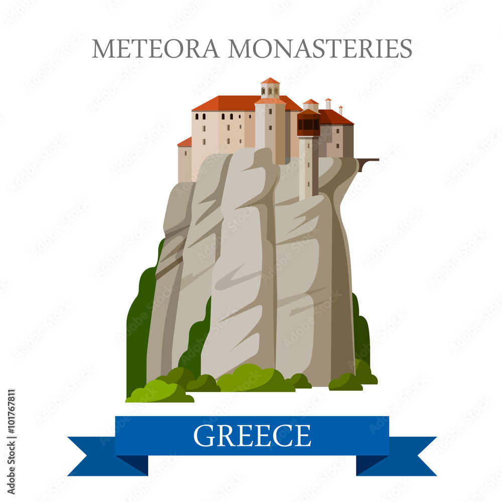 Meteora Monasteries Greek Orthodox Greece flat vector attraction Stock ...