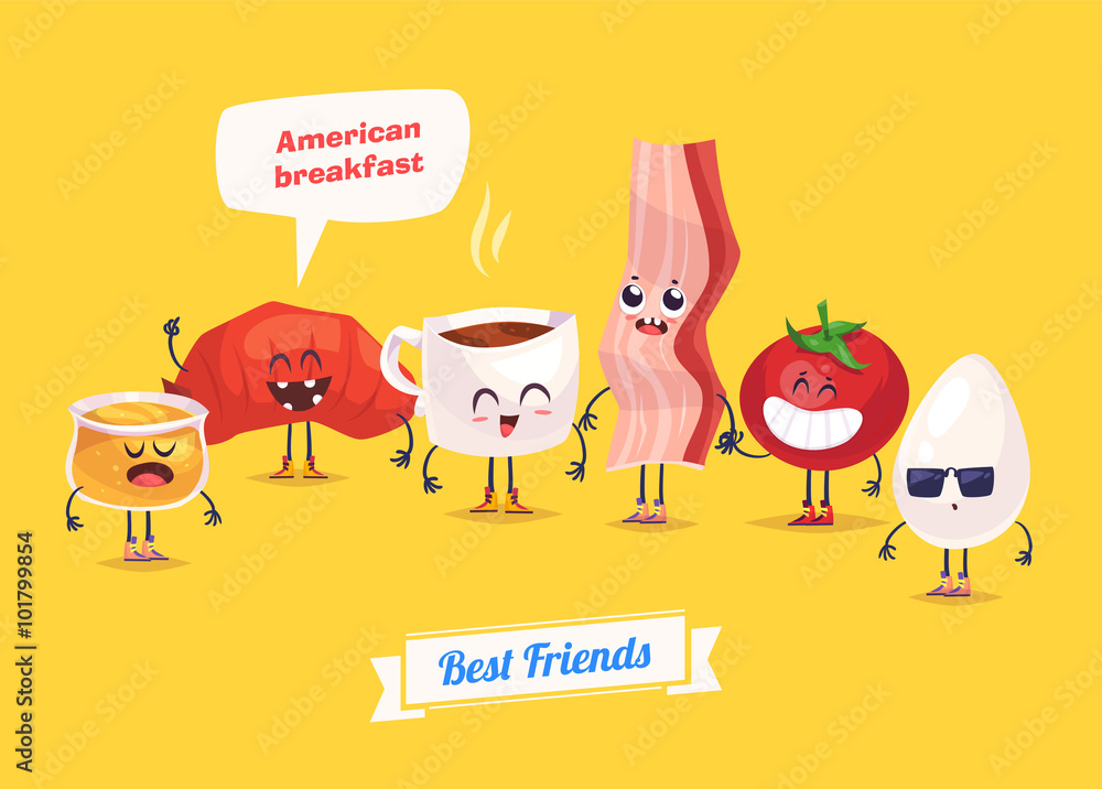 Set of breakfast characters. Vector cute cartoons Stock Vector | Adobe ...