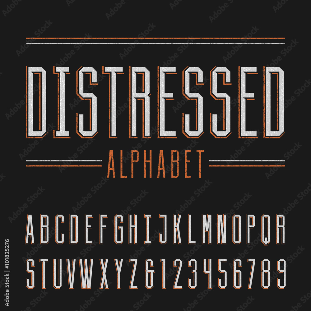 Distressed alphabet vector font. Vintage letters and numbers. Vector ...