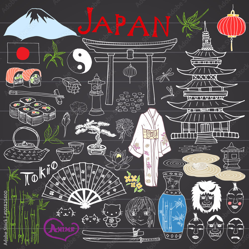 Japan doodles elements. Hand drawn sketch set with Fujiyama mountain ...