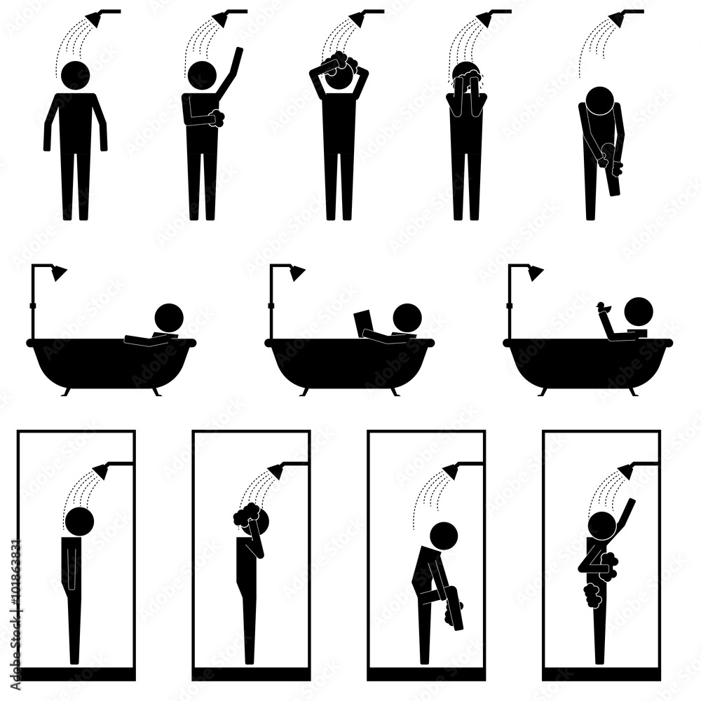 men in shower bath tub cubic washing body and hair infographic icon ...