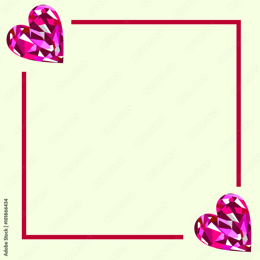 Vector greeting card. White form with pink gems in the shape of hearts ...