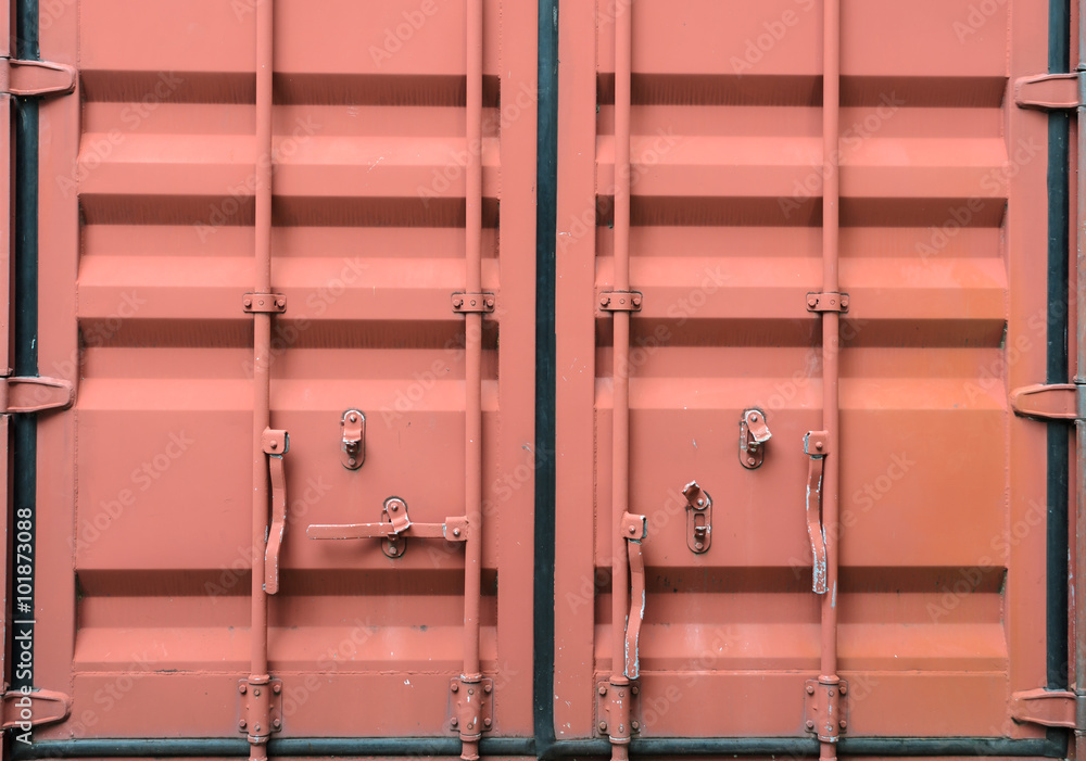 Red shipping container cargo background, close up of container back ...