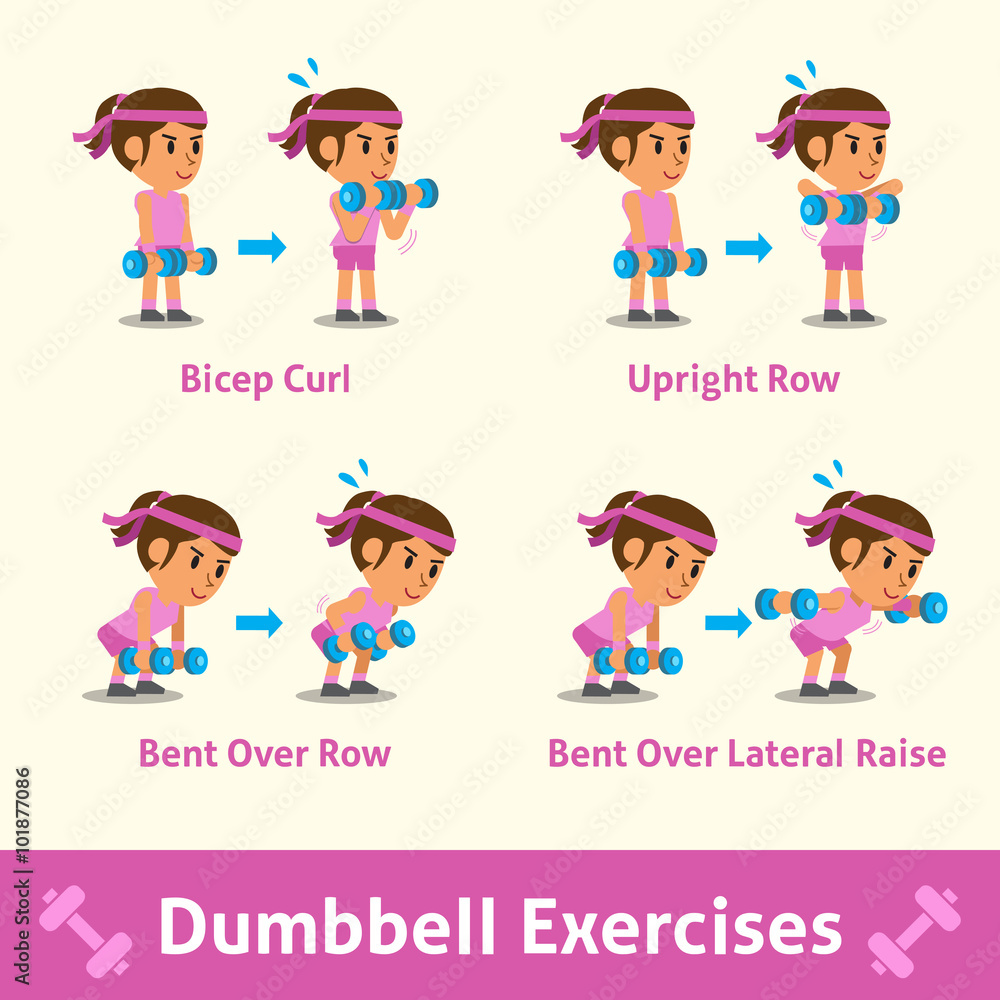 Cartoon set of a woman doing dumbbell exercise step for health and ...