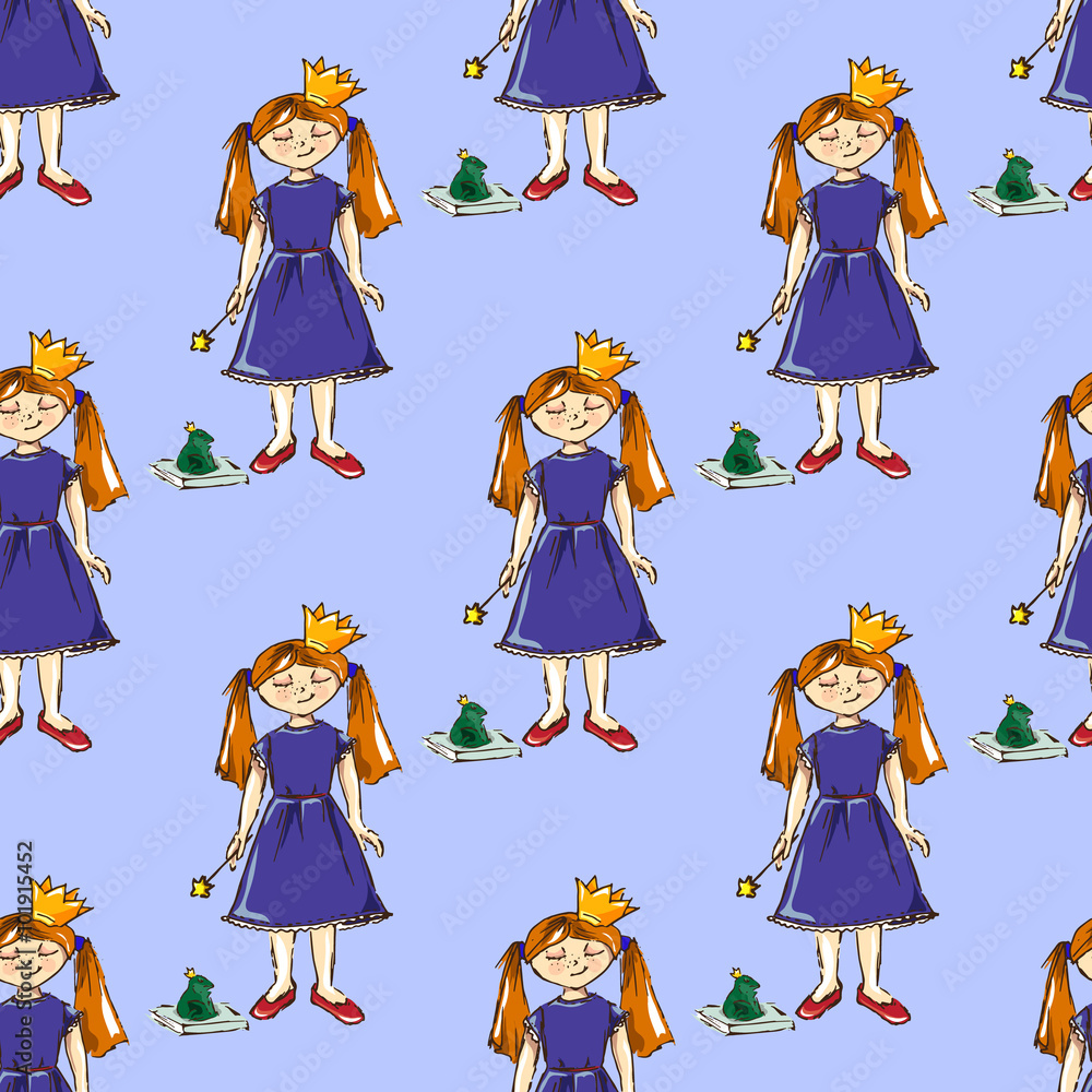 Hand-drawn illustrations. Card with a princess. Red-haired girl with a ...