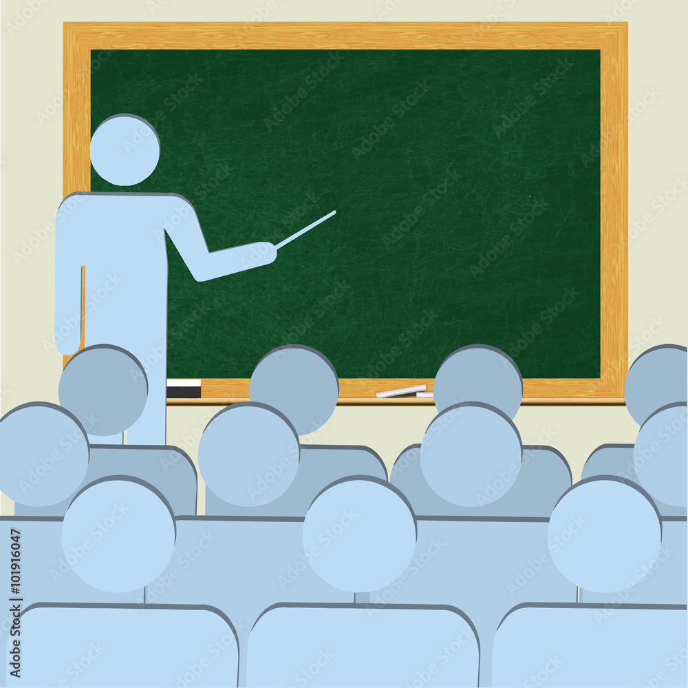 Teacher Behind Blank Framed Blackboard Teaching Students. Vector ...