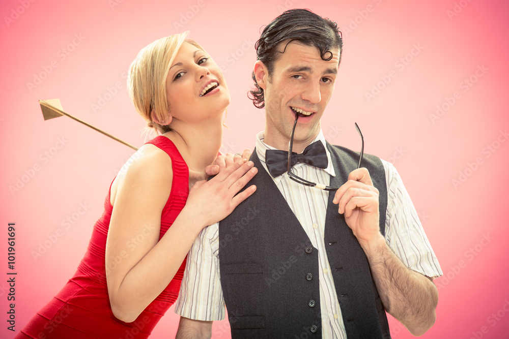 Nerd man boyfriend get woman he love by cupid arrow for valentine day ...