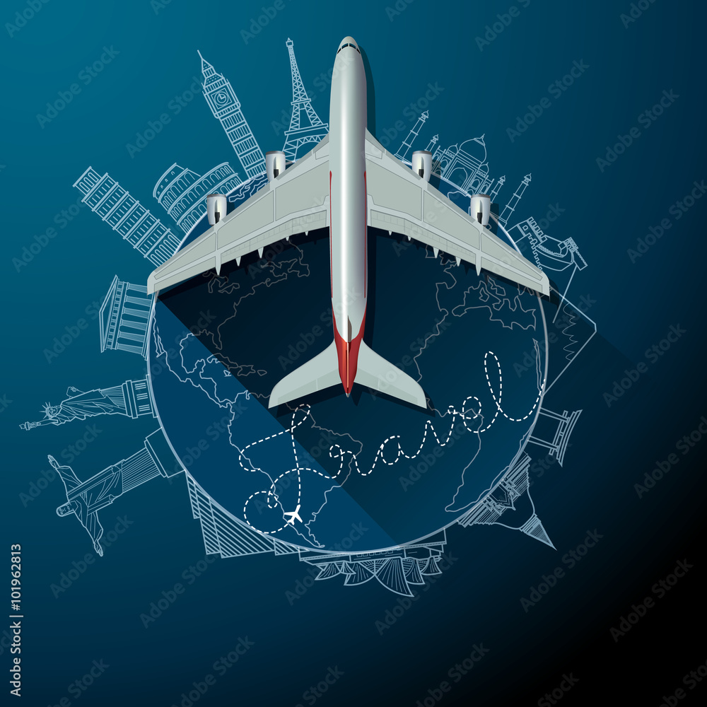 Travel text and airliner on landmarks around the word. Vector Stock ...