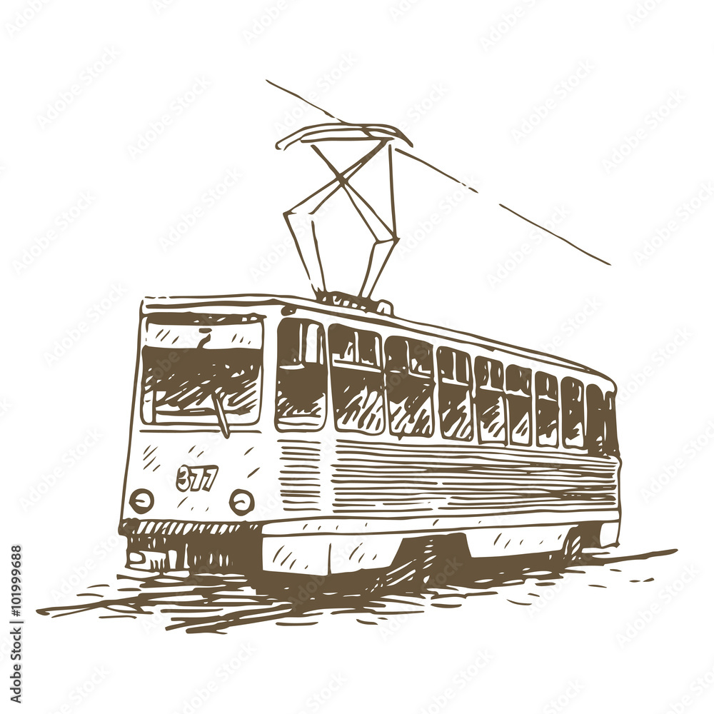 Retro tram. Picture of vintage transport. Old times. Vector hand drawn ...