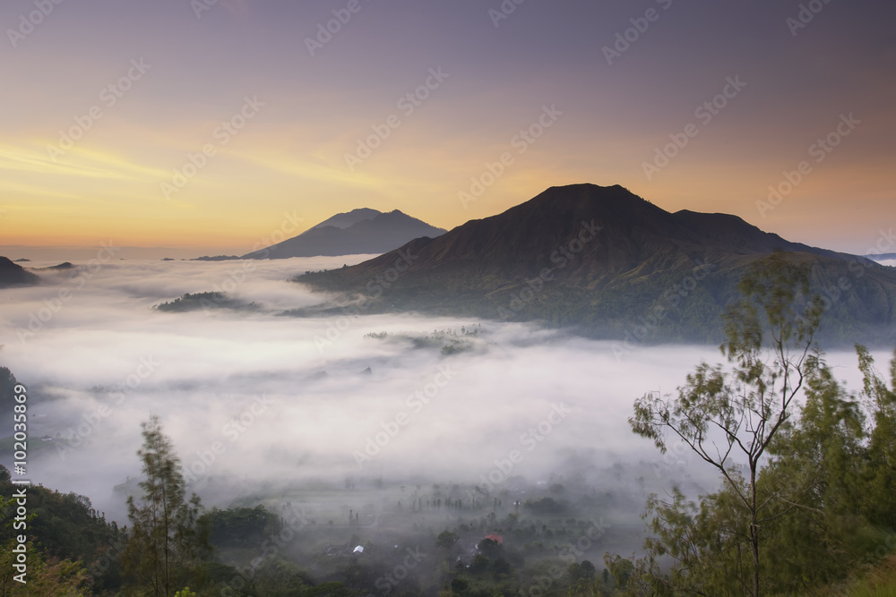 Foggy day at Pinggan village during sunrise. View from Pinggan Hill ...