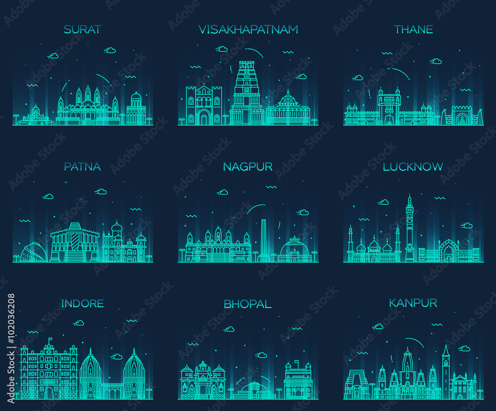 Set Indian cities vector illustration linear Stock Vector | Adobe Stock