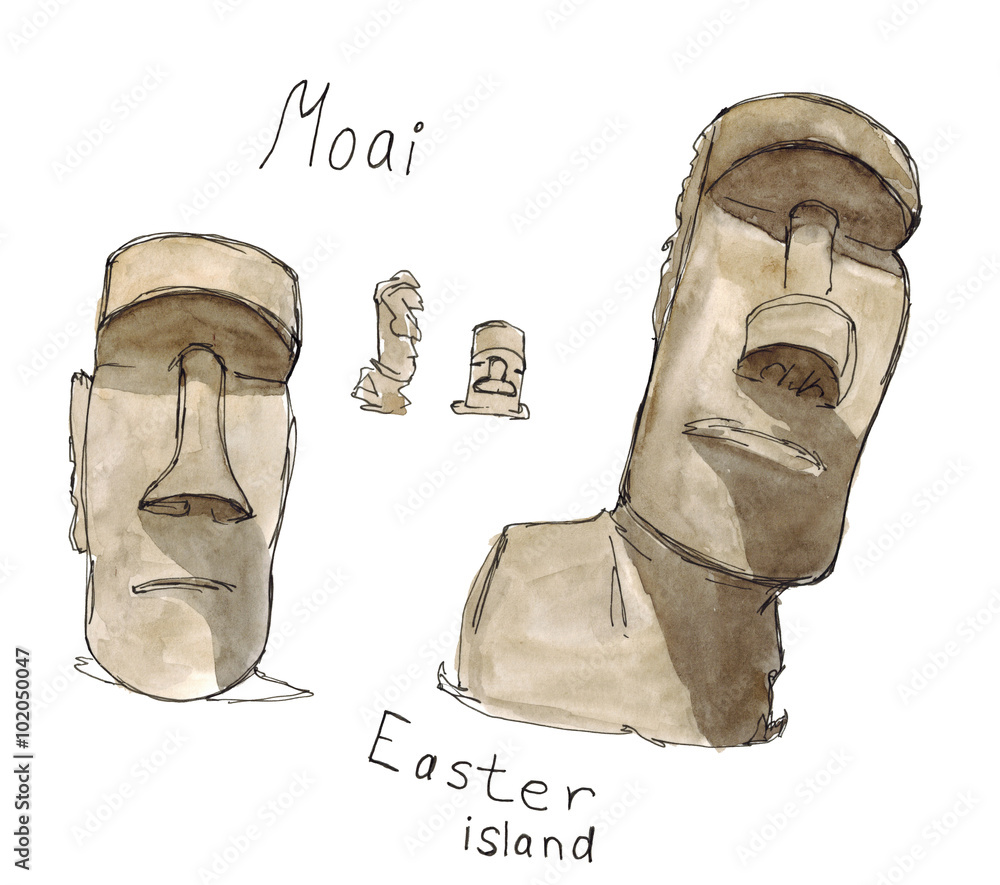 Watercolor Hand drawn sketch of Moai, Easter Island heads isolated on ...