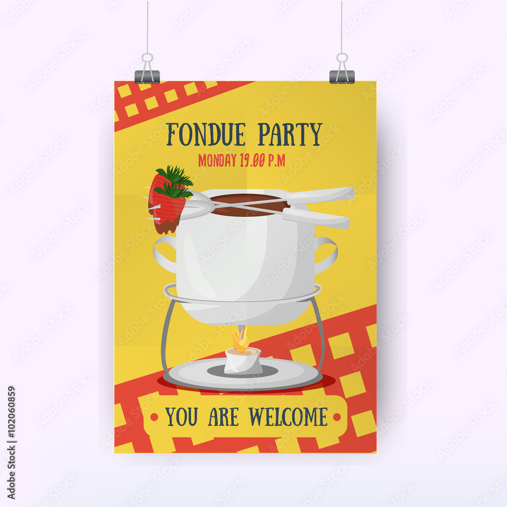 Chocolate Fondue and Strawberry Poster for party. Romantic evening ...