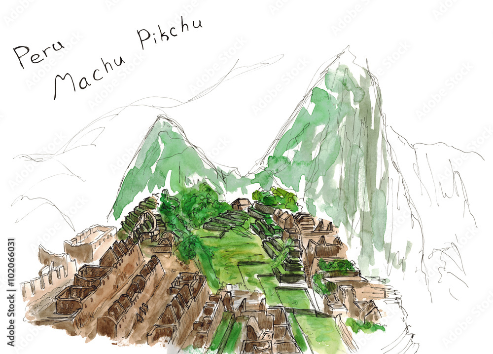 Watercolor Sketch hand drawn Machu Picchu, Peru, travel art isolated on ...