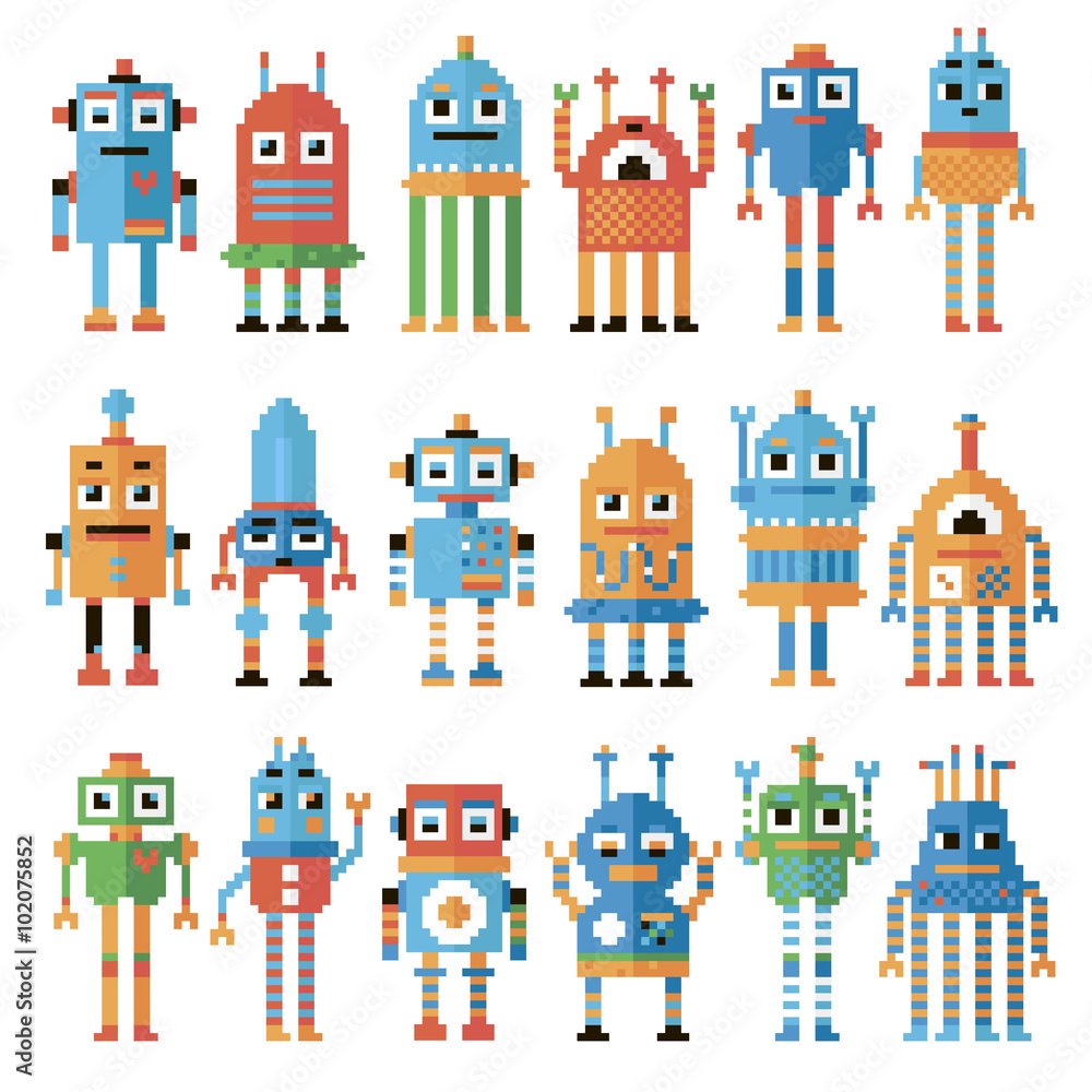 Set of pixel robots. Stock Vector | Adobe Stock