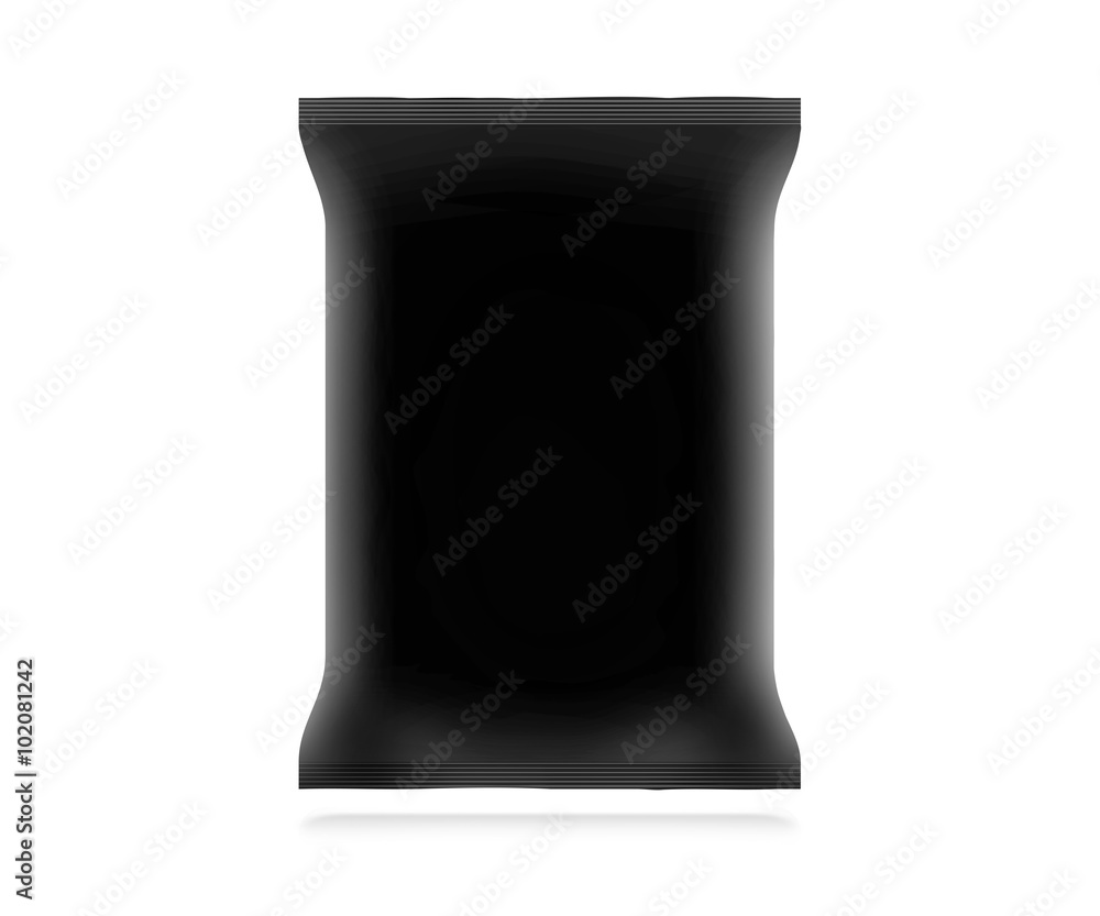 Blank black snack bag mock up isolated. Clear white chips pack mockup ...