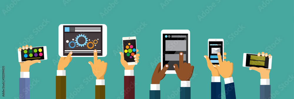 Group Hands Holding Smart Cell Phone Tablet Computer, Technology ...