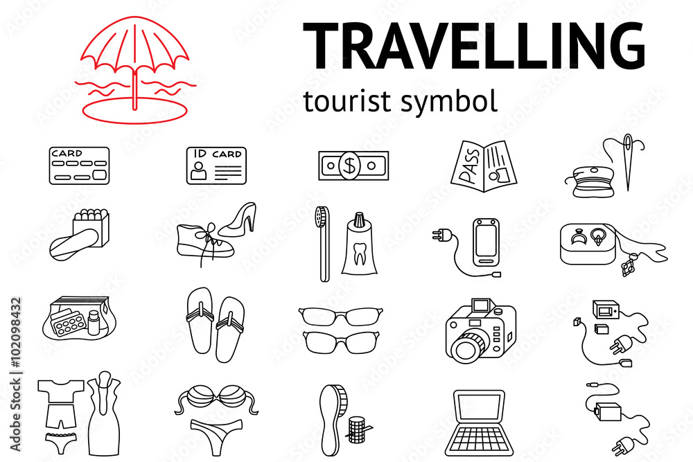 Set of line travel icons. Tourism, trip, vacation accessories symbol ...