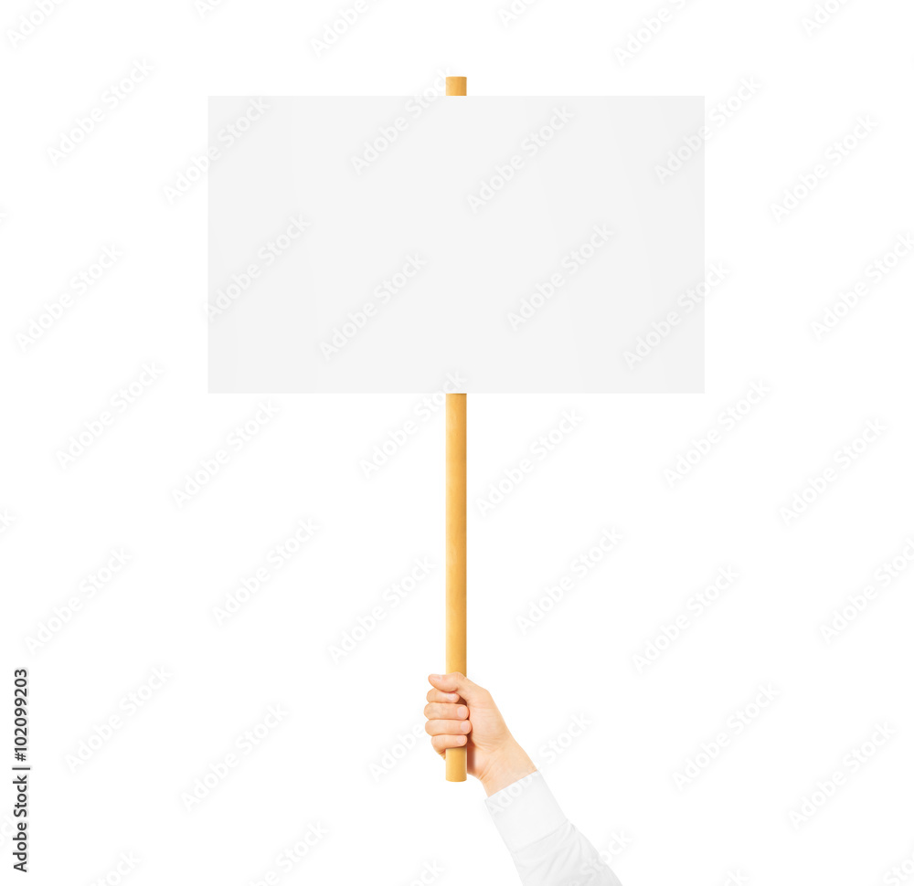 Hand holding blank banner mock up on wood stick isolated. foto de Stock ...