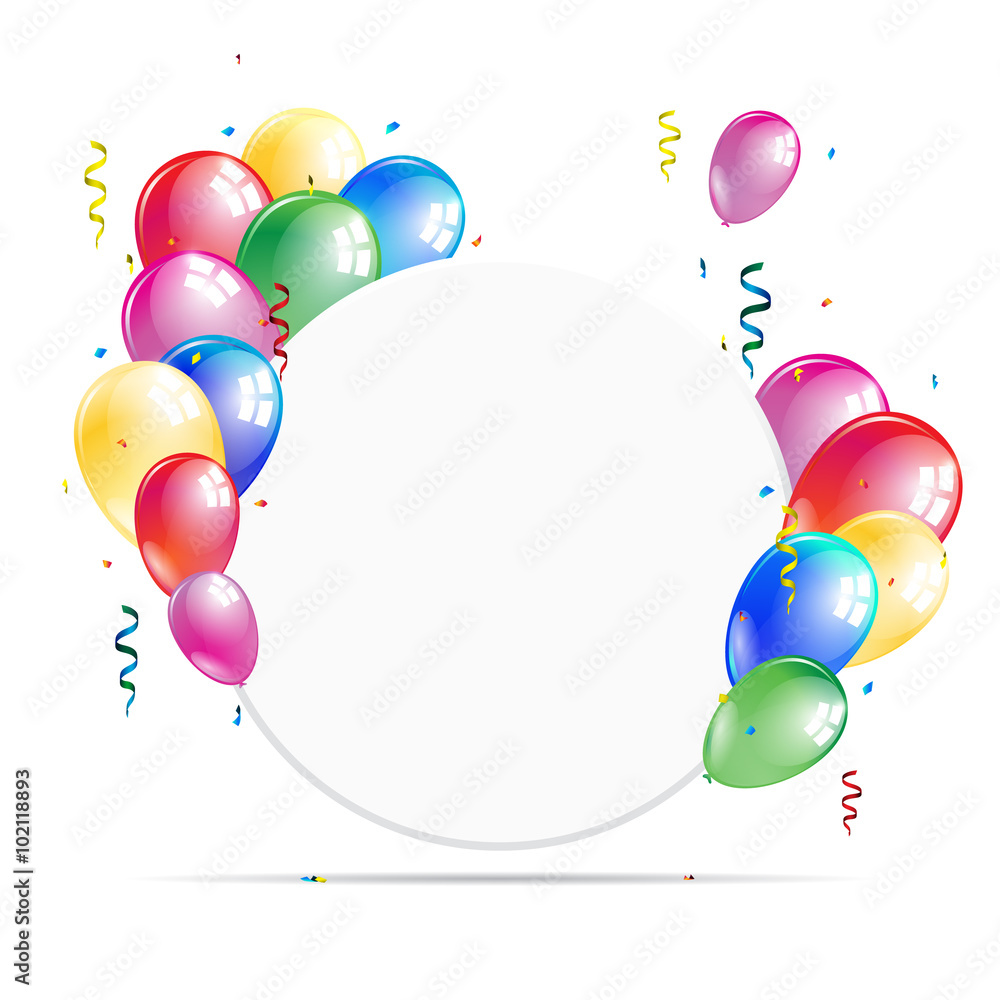 White round paper banner with colorful balloons, ribbons and confetti ...