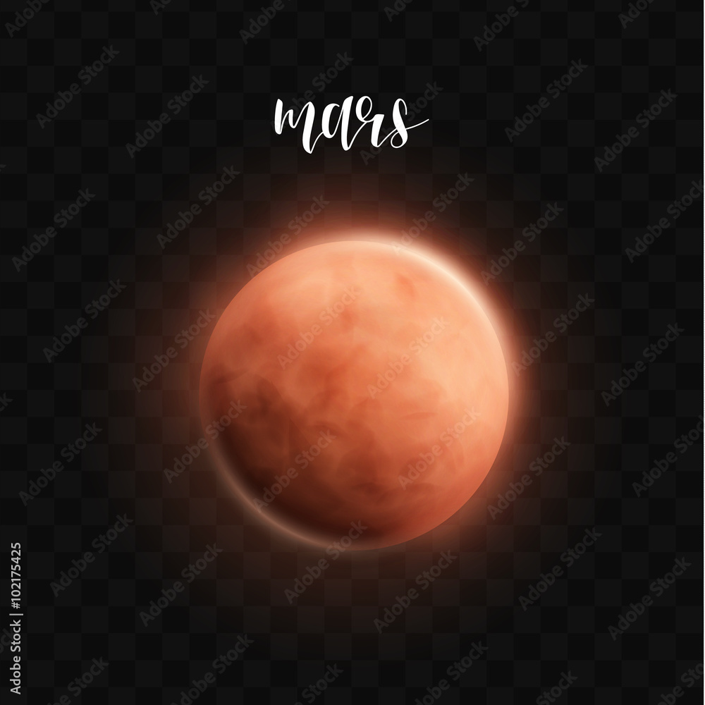 Realistic glowing Mars planet Isolated. Glow with transparency on black ...