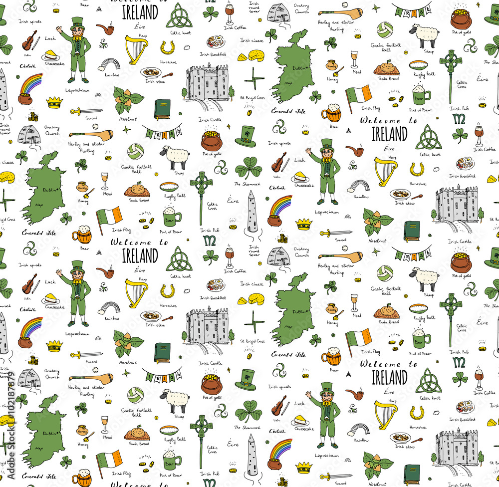 Seamless background hand drawn doodle Ireland set Vector Travel ...
