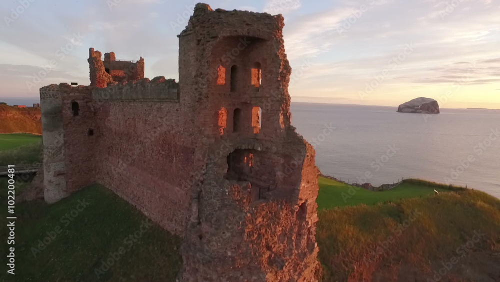 Stunning aerial shot Tantallon Castle off the coast of North Berick ...