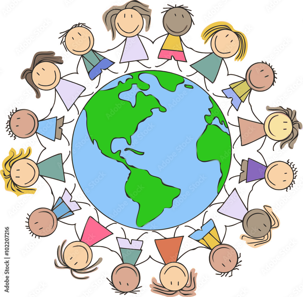 kids illustration - children drawing / kids holding hands on world ...
