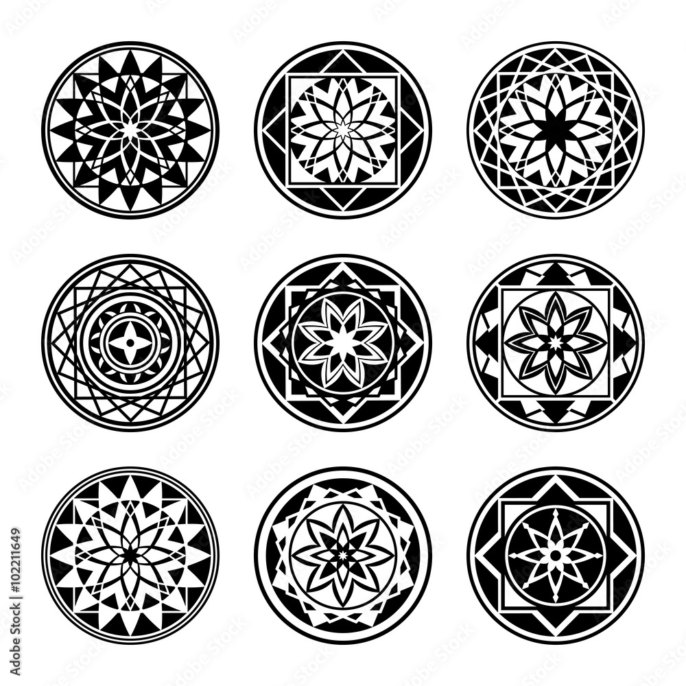 Mandala elements, tattoo icon set. Star, floral stylized ornament ...