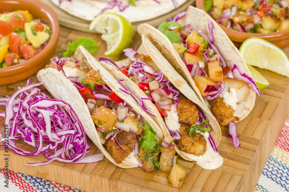 Baja Fish Tacos - Soft shell tacos filled with seasoned fried white ...