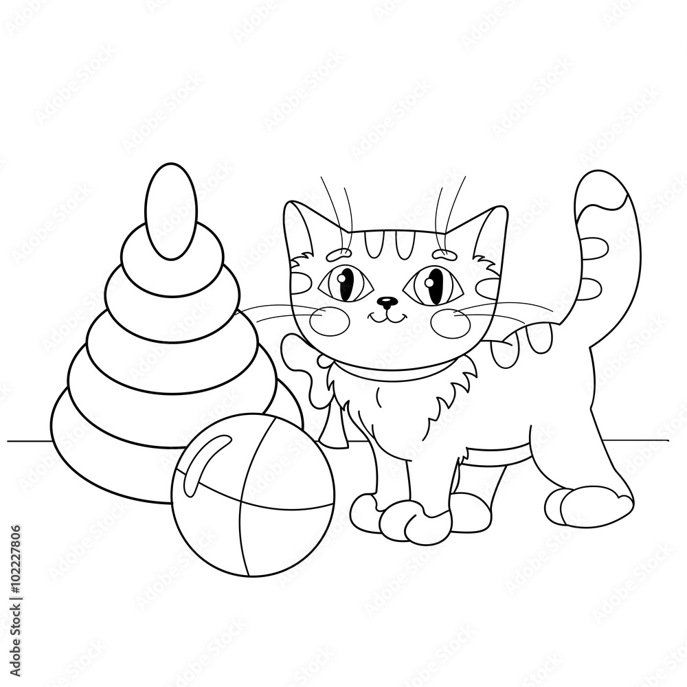 Coloring Page Outline Of cartoon cat playing with toys Stock Vector ...