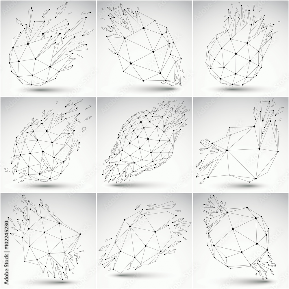 Set of low poly demolished shapes with black connected lines Stock ...