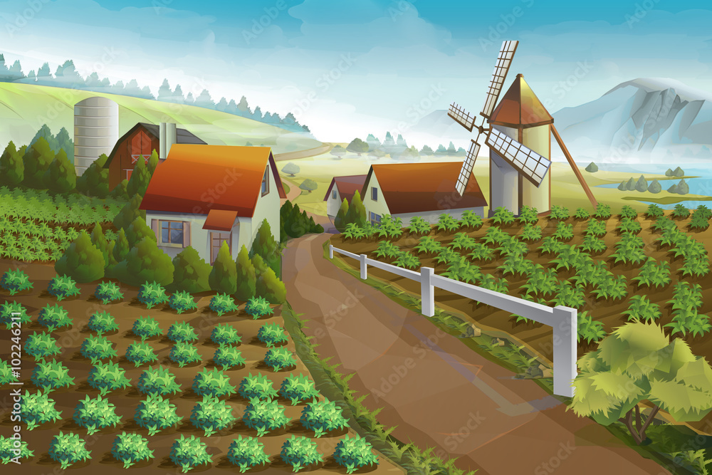 Farm rural landscape, vector background Stock Vector | Adobe Stock