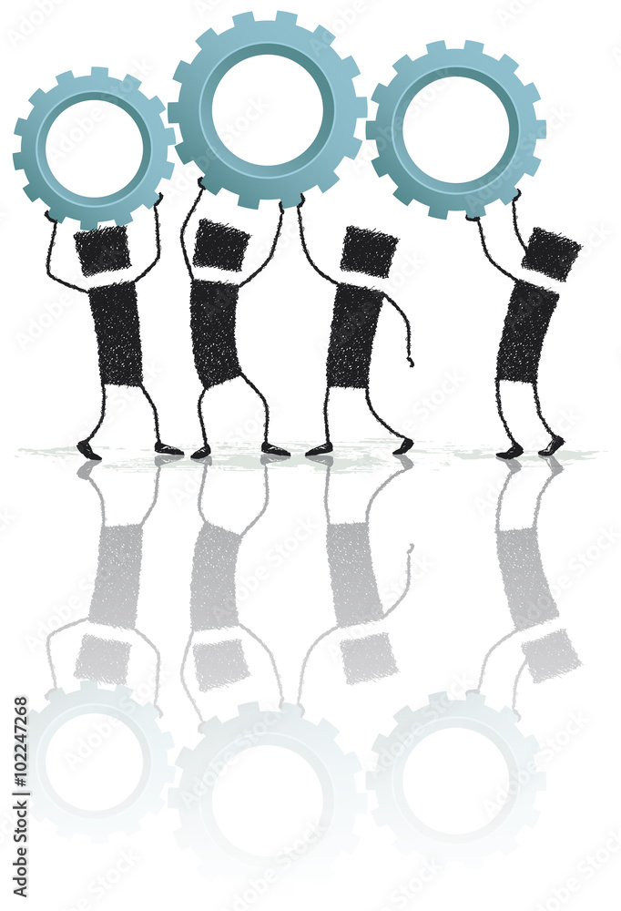 Building a team. Illustration of a group of people lifting gears above ...