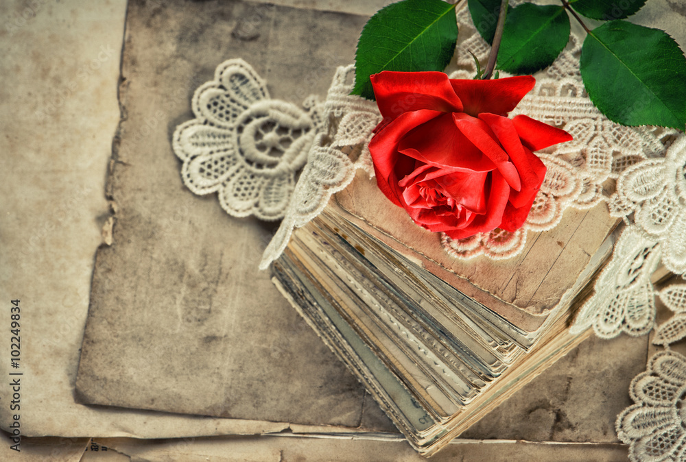 Old love letters, red rose flower, lace vintage toned Stock Photo ...