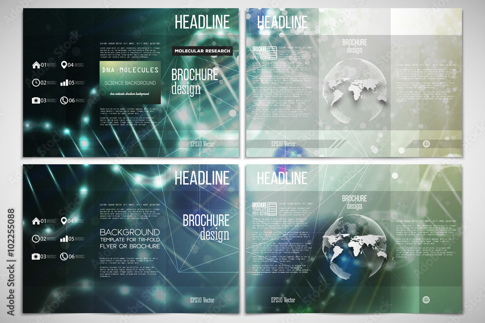 Vector set of tri-fold brochure design template on both sides with ...