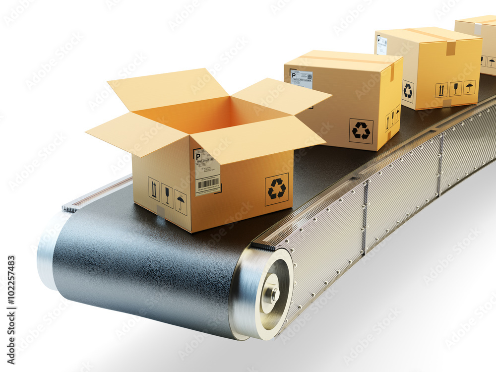 Packaging beltline, packages delivery and parcels shipping concept ...